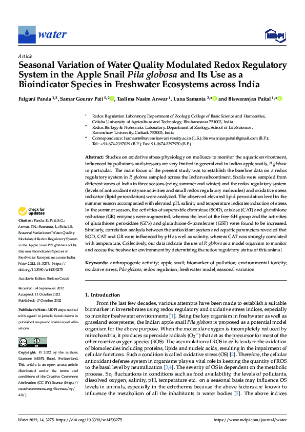 (PDF) Seasonal Variation of Water Quality Modulated Redox Regulatory ...