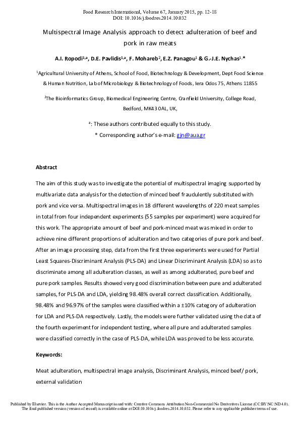 (PDF) Multispectral image analysis approach to detect adulteration of beef and pork in raw meats