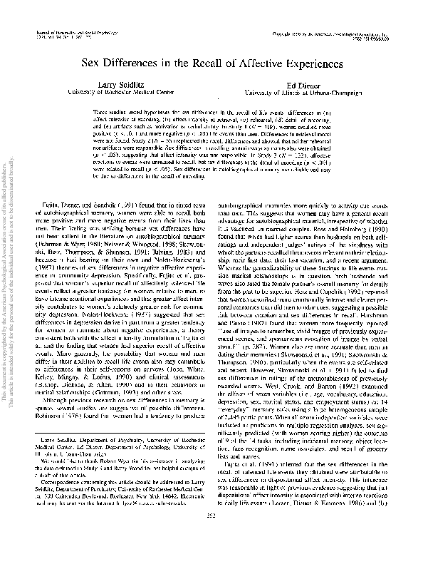 (PDF) Sex differences in the recall of affective experiences