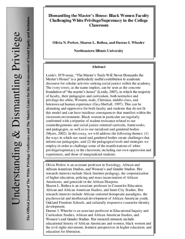 (PDF) Dismantling the Master’s House: Black Women Faculty Challenging ...