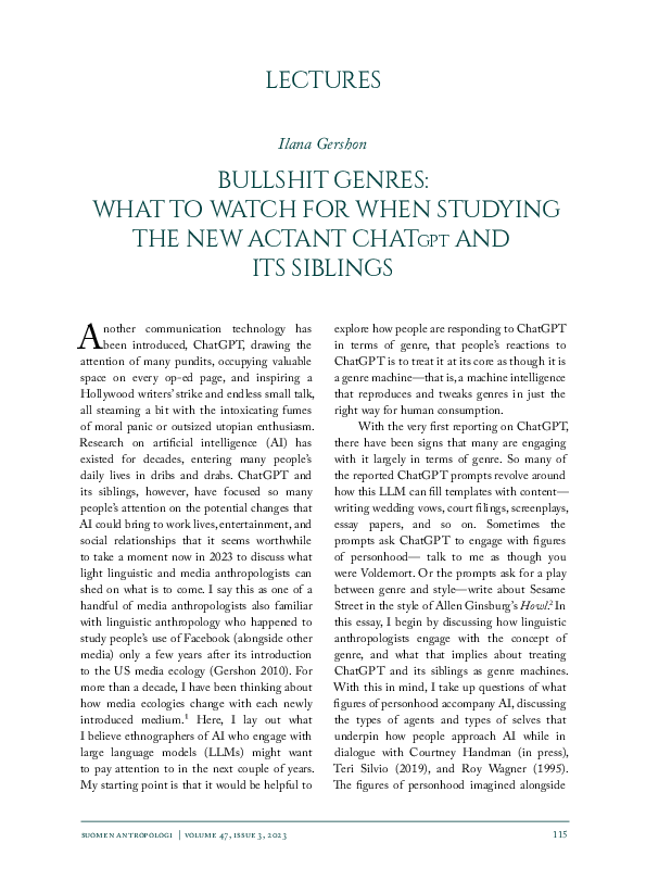 (PDF) Bullshit Genres: What to watch for when studying the new actant ChatGPT and its Siblings