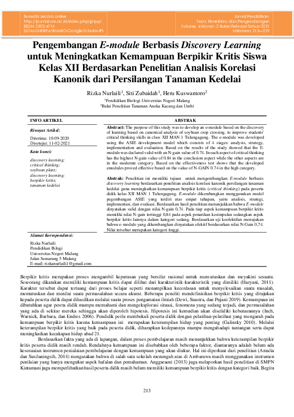 (PDF) Pengembangan E-module Berbasis Discovery Learning untuk Meningkatkan Kemampuan Berpikir ...