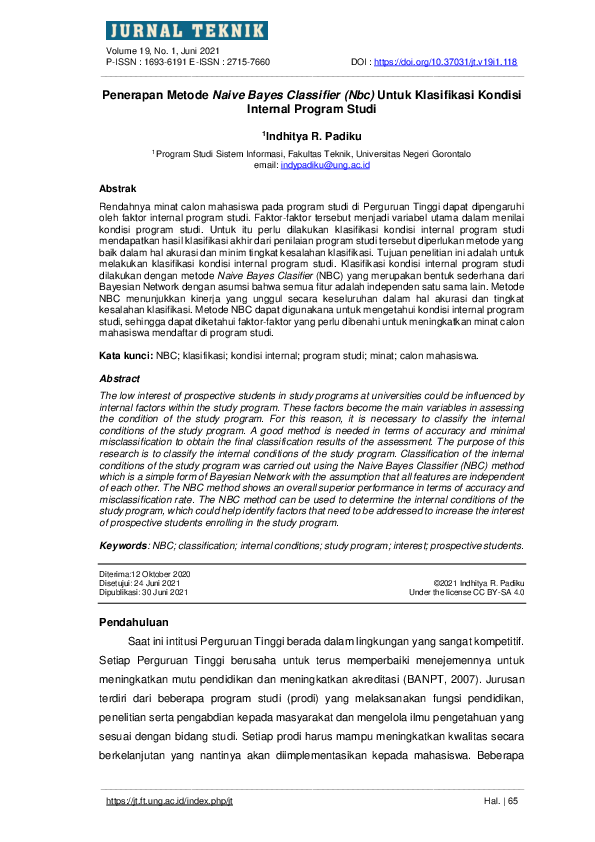 (PDF) Penerapan Metode Naive Bayes Classifier (Nbc) Untuk Klasifikasi Kondisi Internal Program Studi