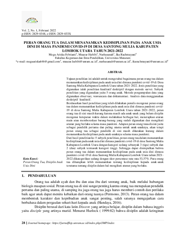 (PDF) Peran Orang Tua Dalam Menanamkan Kedisiplinan Pada Anak Usia Dini DI Masa Pandemi COVID-19 ...