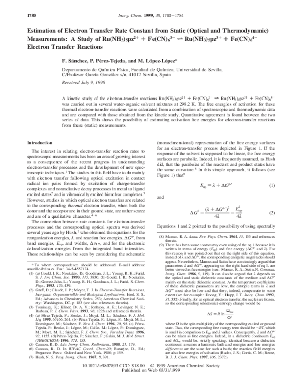 (PDF) Estimation of Electron Transfer Rate Constant from Static (Optical and Thermodynamic ...