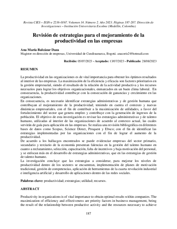 Revisión De Estrategias Para El Mejoramiento De La Productividad En Las
