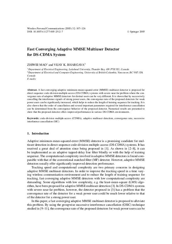 Pdf Fast Converging Adaptive Mmse Multiuser Detector For Ds Cdma System Zhiwei Mao
