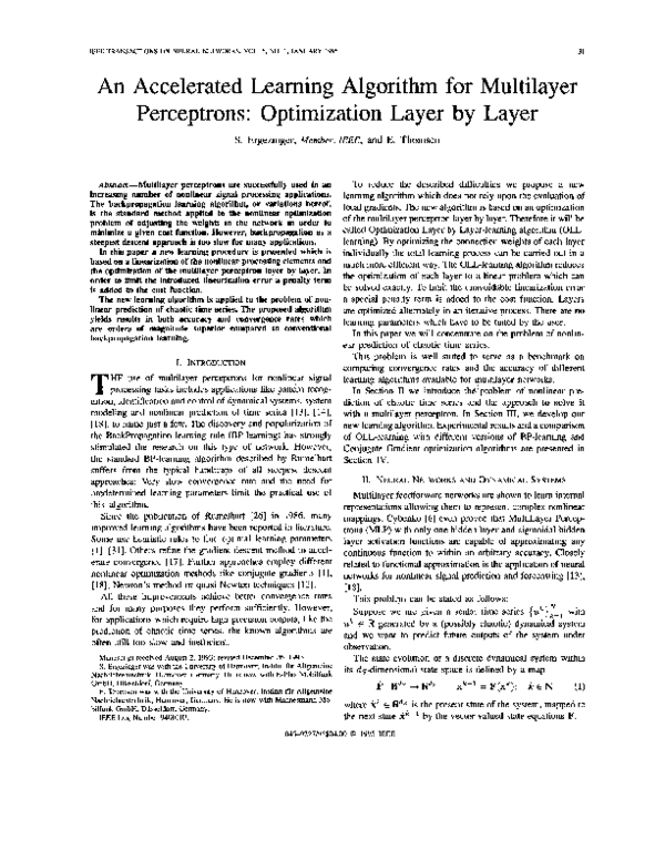 (PDF) An accelerated learning algorithm for multilayer perceptrons: optimization layer by layer