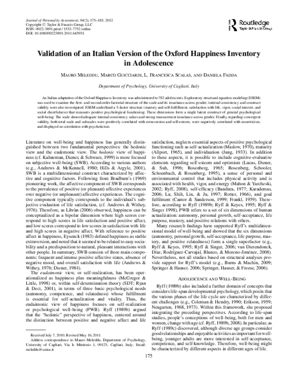 (PDF) Validation of an Italian Version of the Oxford Happiness ...