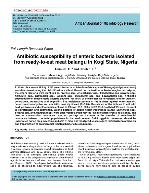 (PDF) Antibiotic susceptibility of enteric bacteria isolated from ready-to-eat meat balangu in ...