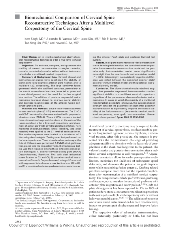 (PDF) Biomechanical Comparison of Cervical Spine Reconstructive ...