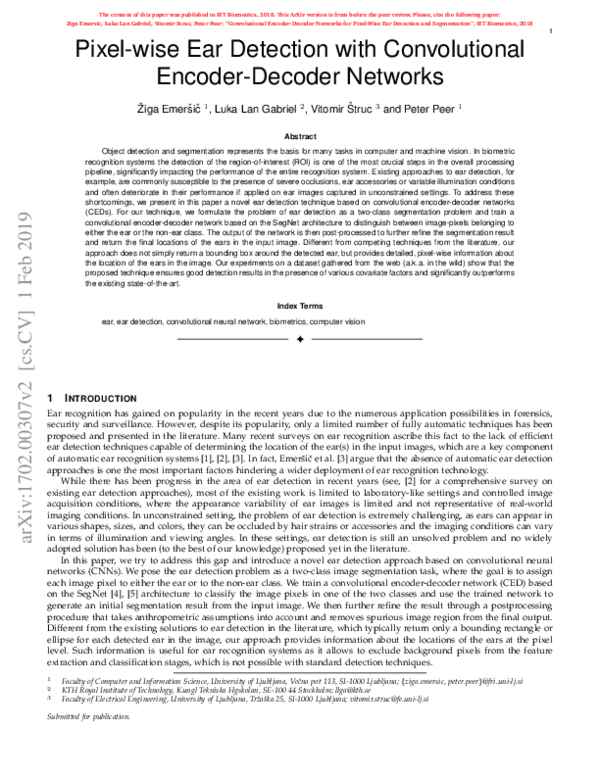 Pdf Pixel Wise Ear Detection With Convolutional Encoder Decoder Networks