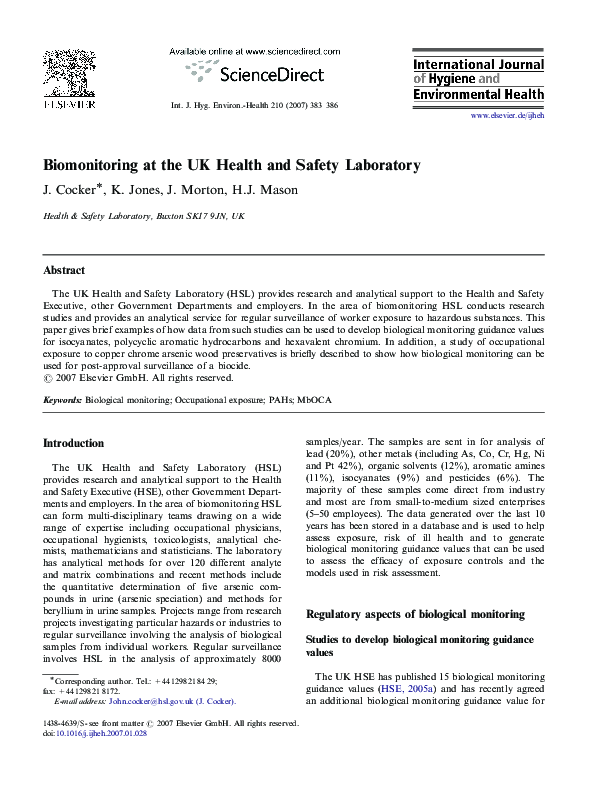 (PDF) Biomonitoring at the UK Health and Safety Laboratory