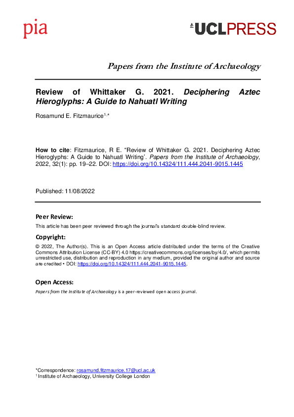 (PDF) Review of Whittaker G. 2021. Deciphering Aztec Hieroglyphs: A ...
