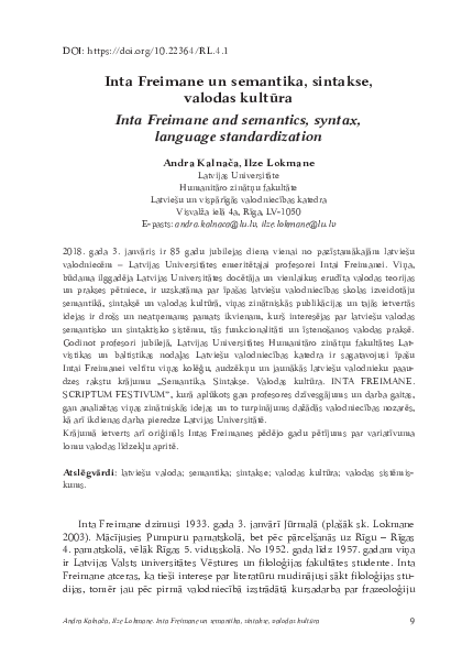 (PDF) Inta Freimane un semantika, sintakse, valodas kultūra