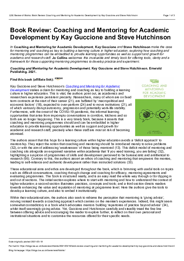 (PDF) Book review: coaching and mentoring for academic development by ...