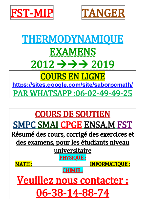 (PDF) EXAMENS THERMODYNAMIQUE FST TANGER