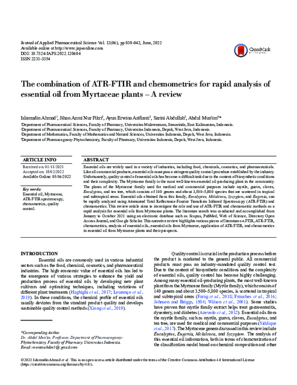 (PDF) The combination of ATR-FTIR and chemometrics for rapid analysis of essential oil from ...