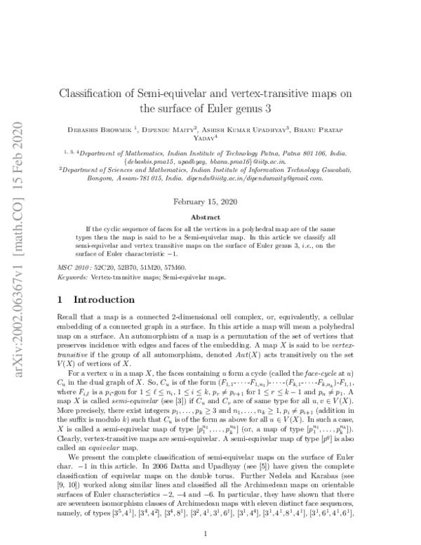 (PDF) Classification of Semi-equivelar and vertex-transitive maps on the surface of Euler genus 3