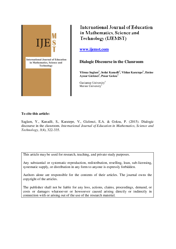 (PDF) Dialogic Discourse in the Classroom | Yılmaz Saglam - Academia.edu