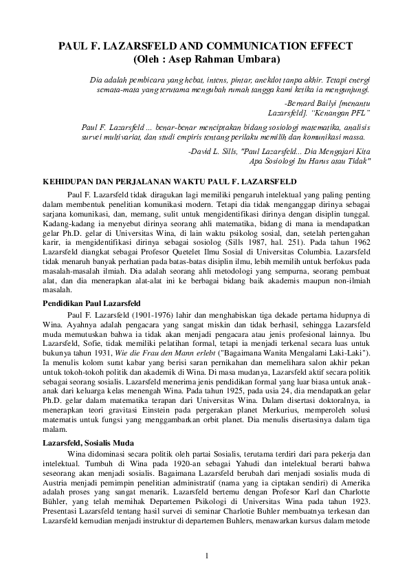 (PDF) PAUL F. LAZARSFELD AND COMMUNICATION EFFECT