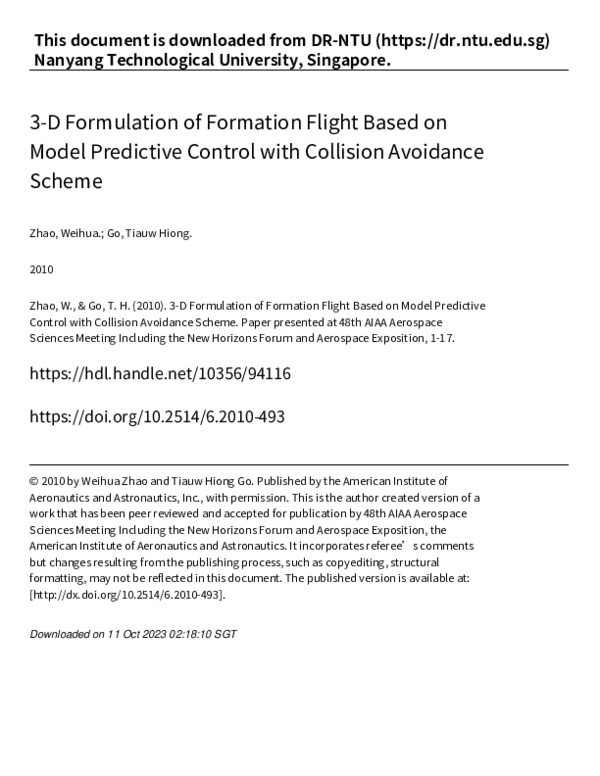 (PDF) 3-D Formulation of Formation Flight Based on Model Predictive Control with Collision ...
