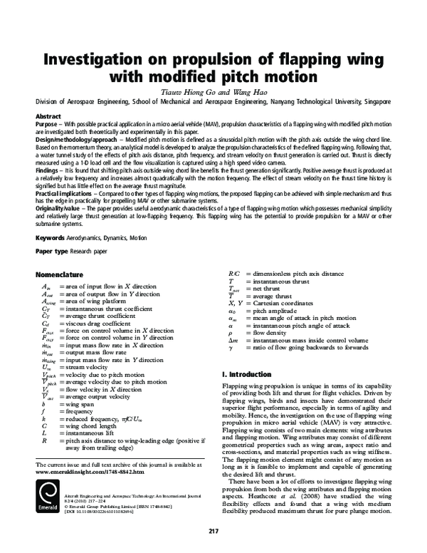 (PDF) Investigation on propulsion of flapping wing with modified pitch ...