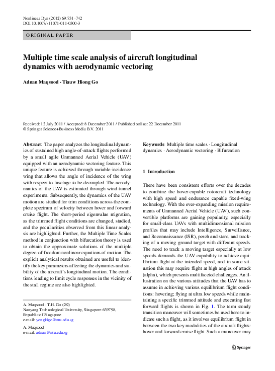 (PDF) Multiple time scale analysis of aircraft longitudinal dynamics with aerodynamic vectoring