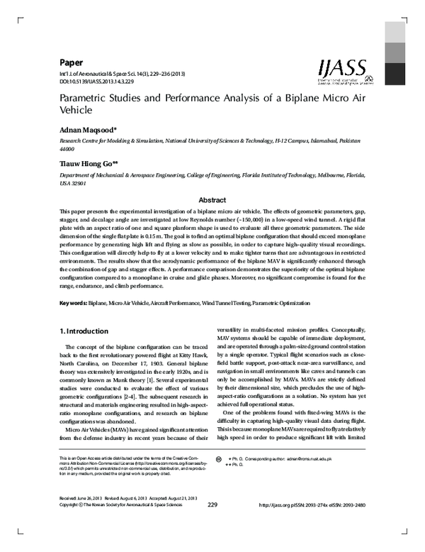 (PDF) Parametric Studies and Performance Analysis of a Biplane Micro Air Vehicle