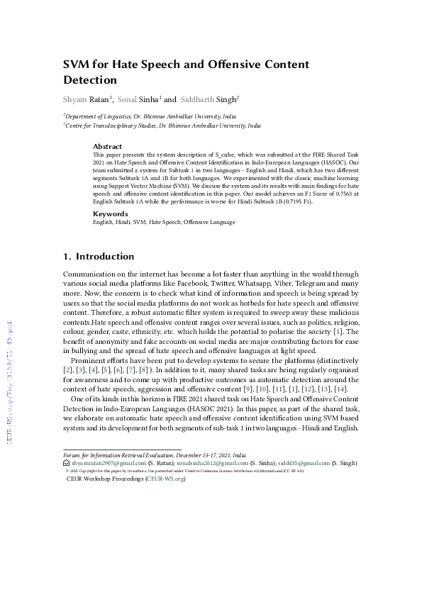 (PDF) SVM for Hate Speech and Offensive Content Detection