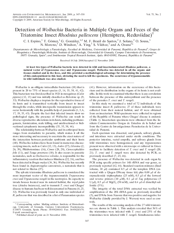 (PDF) Detection of Wolbachia Bacteria in Multiple Organs and Feces of the Triatomine Insect ...