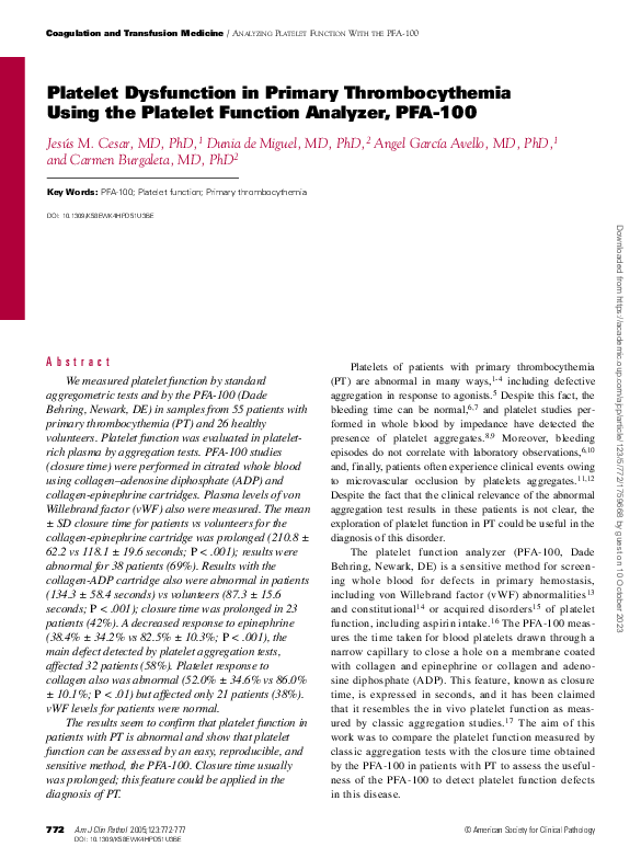 (PDF) Platelet Dysfunction in Primary Thrombocythemia Using the ...