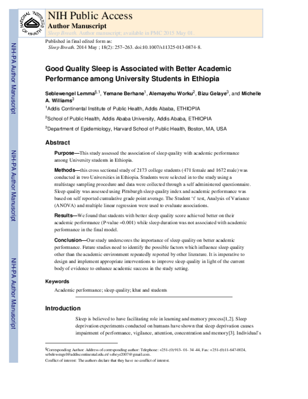 (PDF) Good quality sleep is associated with better academic performance among university ...