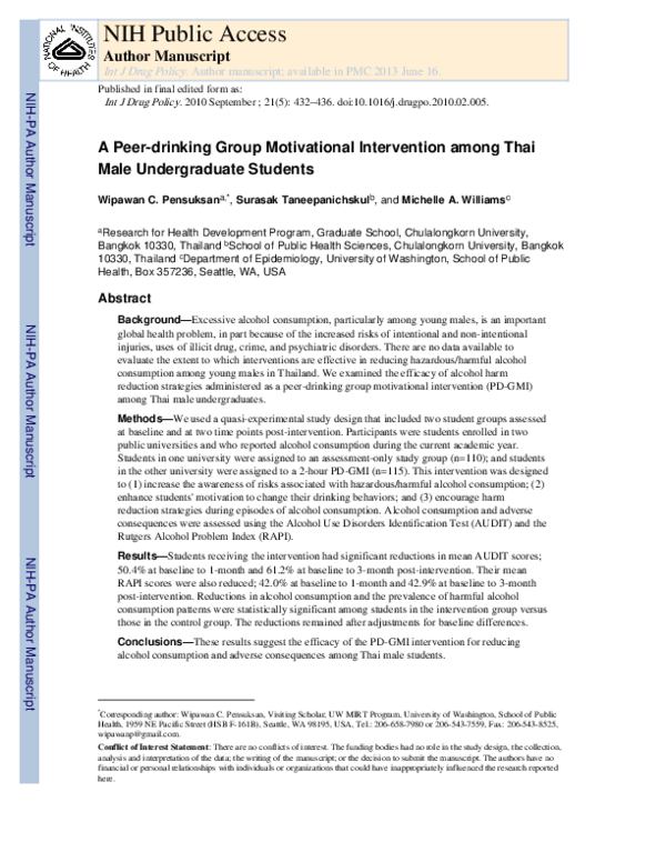(PDF) A peer-drinking group motivational intervention among Thai male ...