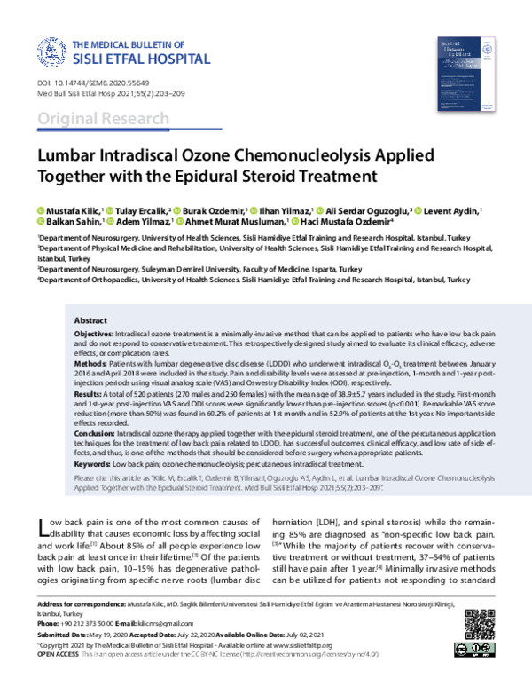 (PDF) Lumbar Intradiscal Ozone Chemonucleolysis applied together with the epidural steroid treatment