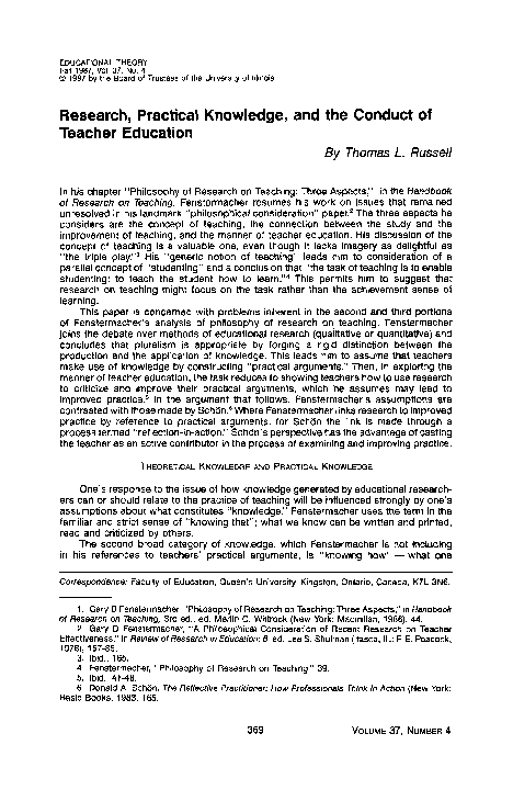 (PDF) Research, Practical Knowledge, and the Conduct of Teacher Education