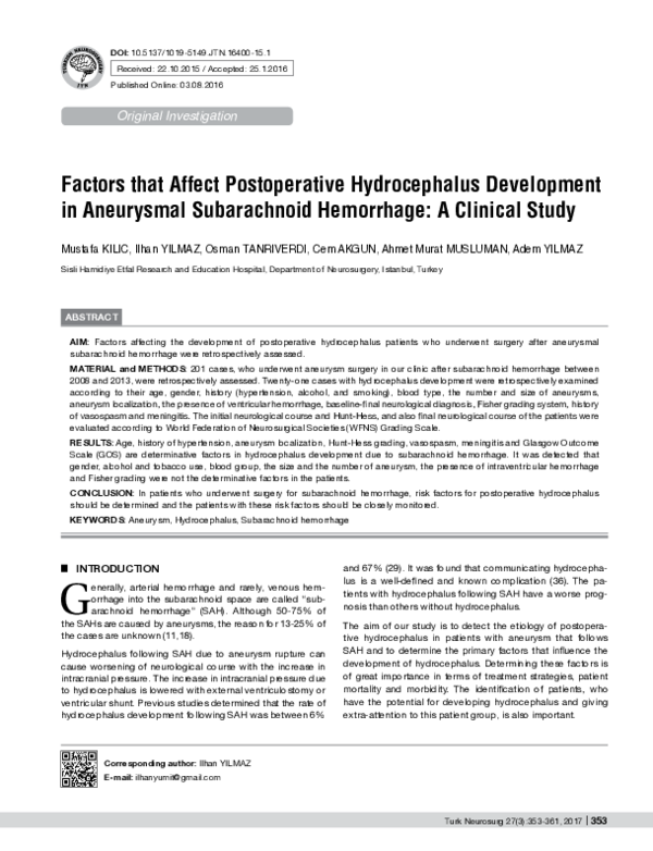 (PDF) Factors that affect postoperative hydrocephalus development in aneurysmal subarachnoid ...