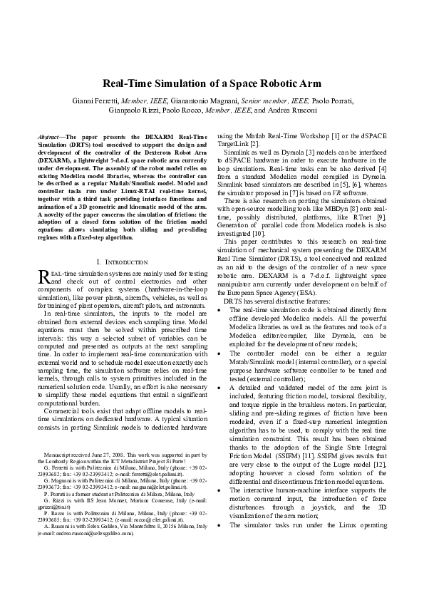 (PDF) Real-time simulation of a space robotic arm