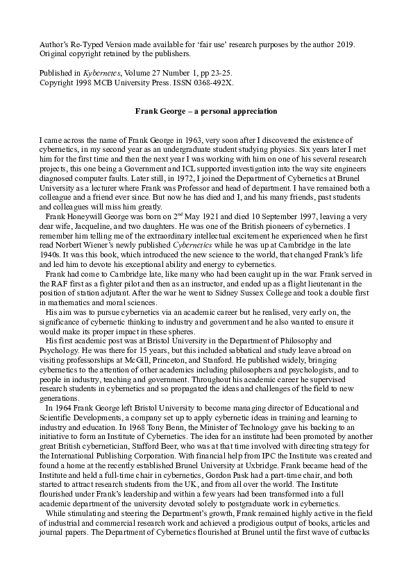 (PDF) Frank George A Personal Appreciation