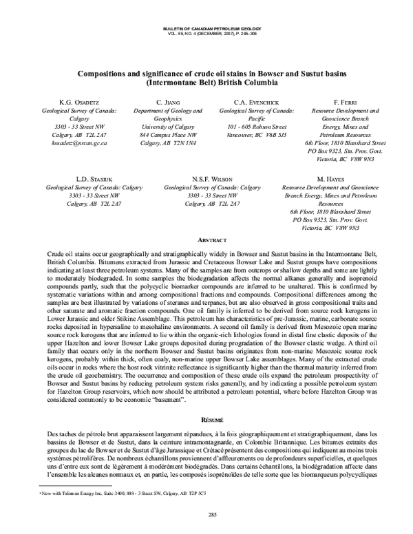 (PDF) Compositions and significance of crude oil stains in Bowser and ...