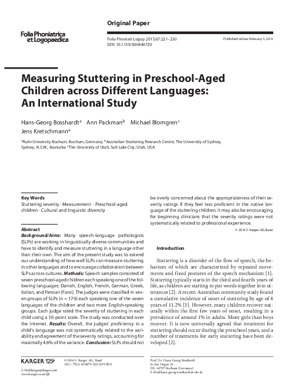 (PDF) Measuring stuttering in preschool-aged children across different ...