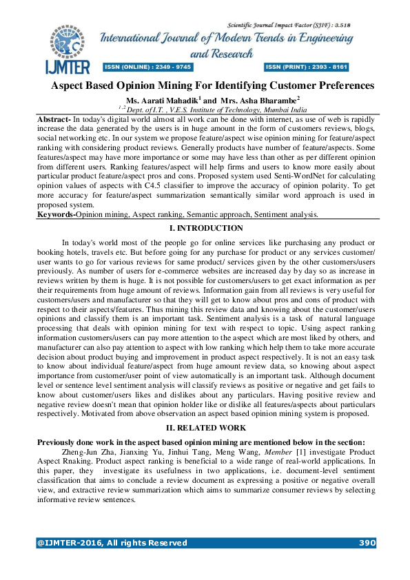 (PDF) Aspect Based Opinion Mining For Identifying Customer Preferences