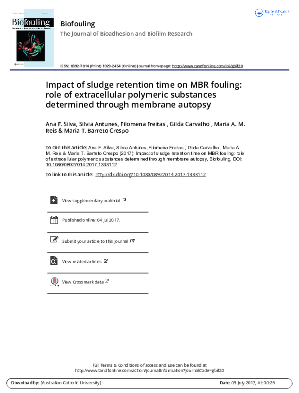 (PDF) Effects of Sludge Retention Time on MBR Biofouling and EPS