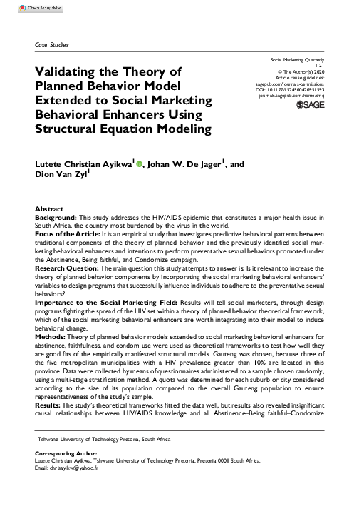 (PDF) Validating the Theory of Planned Behavior Model Extended to Social Marketing Behavioral ...