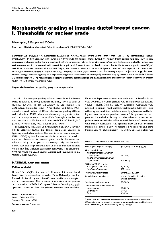 (PDF) Morphometric grading of invasive ductal breast cancer. I ...