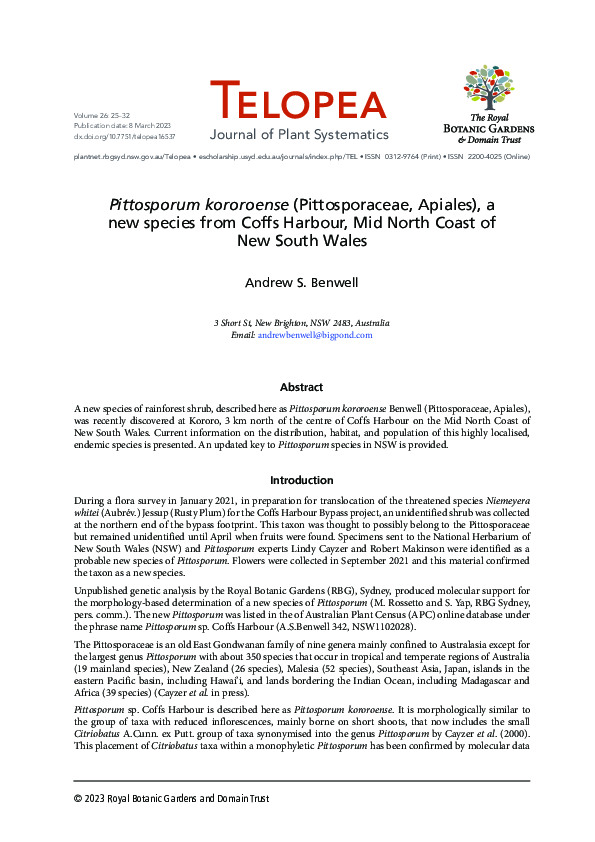 (PDF) Pittosporum kororoense (Pittosporaceae, Apiales), a new species ...