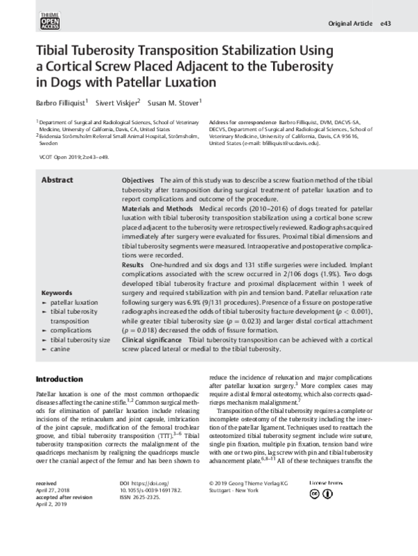(PDF) Tibial Tuberosity Transposition Stabilization Using a Cortical ...
