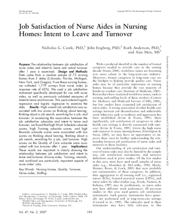 (PDF) Job Satisfaction of Nurse Aides in Nursing Homes: Intent to Leave ...