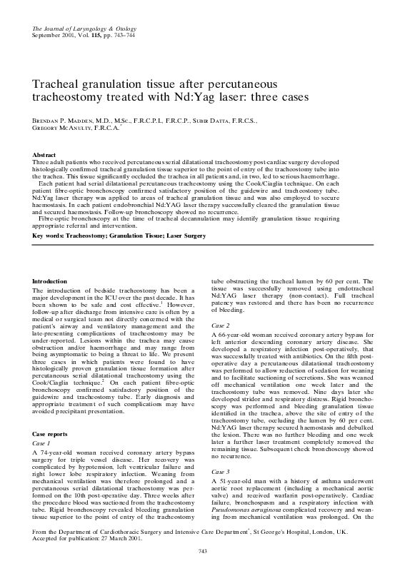 (PDF) Tracheal granulation tissue after percutaneous tracheostomy ...