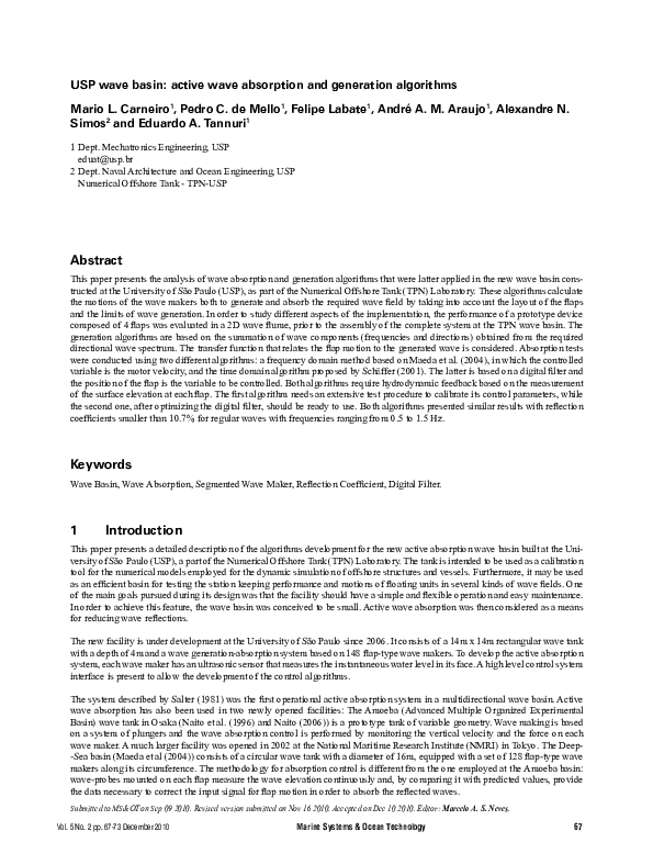 (PDF) USP wave basin: active wave absorption and generation algorithms